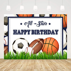 Ticuenicoa 7x5ft Ball Sports Happy Birthday Backdrop All Star Boys Football Basketball Baseball Rugby Kids Birthday Background Portrait Party Decoration Cake Table Photo Studio Booth Prop