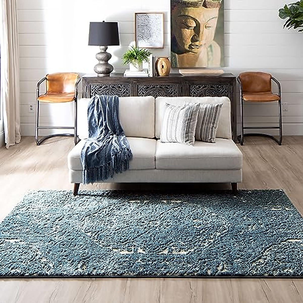 Mohawk Home Francesca Ornamental Medallion Denim Blue 8' x 10' Shag Area Rug Perfect for Living Room, Dining Room, Office