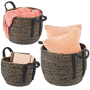 mDesign Round Braided Seagrass Woven Storage Basket with Jute Handles - Rope Weave Circle-Shaped Basket Bin for Shoe Storage in Entryway, Organizing Playroom Toys, and Laundry - Set of 3 - Black Wash