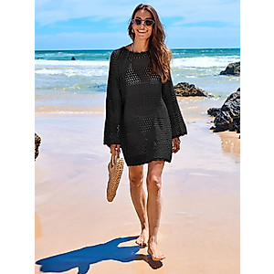 ANRABESS Women Swimsuit Crochet Swim Cover Up 2025 Summer Bathing Suit Swimwear Mesh Knit Beach Dress Vacation Outfits Black Medium