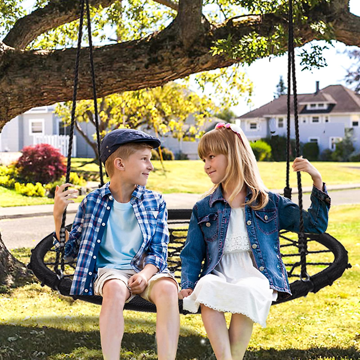 Pitpat 40" Spider Web Swing with 4 Ropes Adjustable from 55" to 102", Spider Swing for Kids for Kids MAX 440 Lbs Load and Stainless Steel Frame, Outdoor Large Web Swings for Tree - Black Upgraded