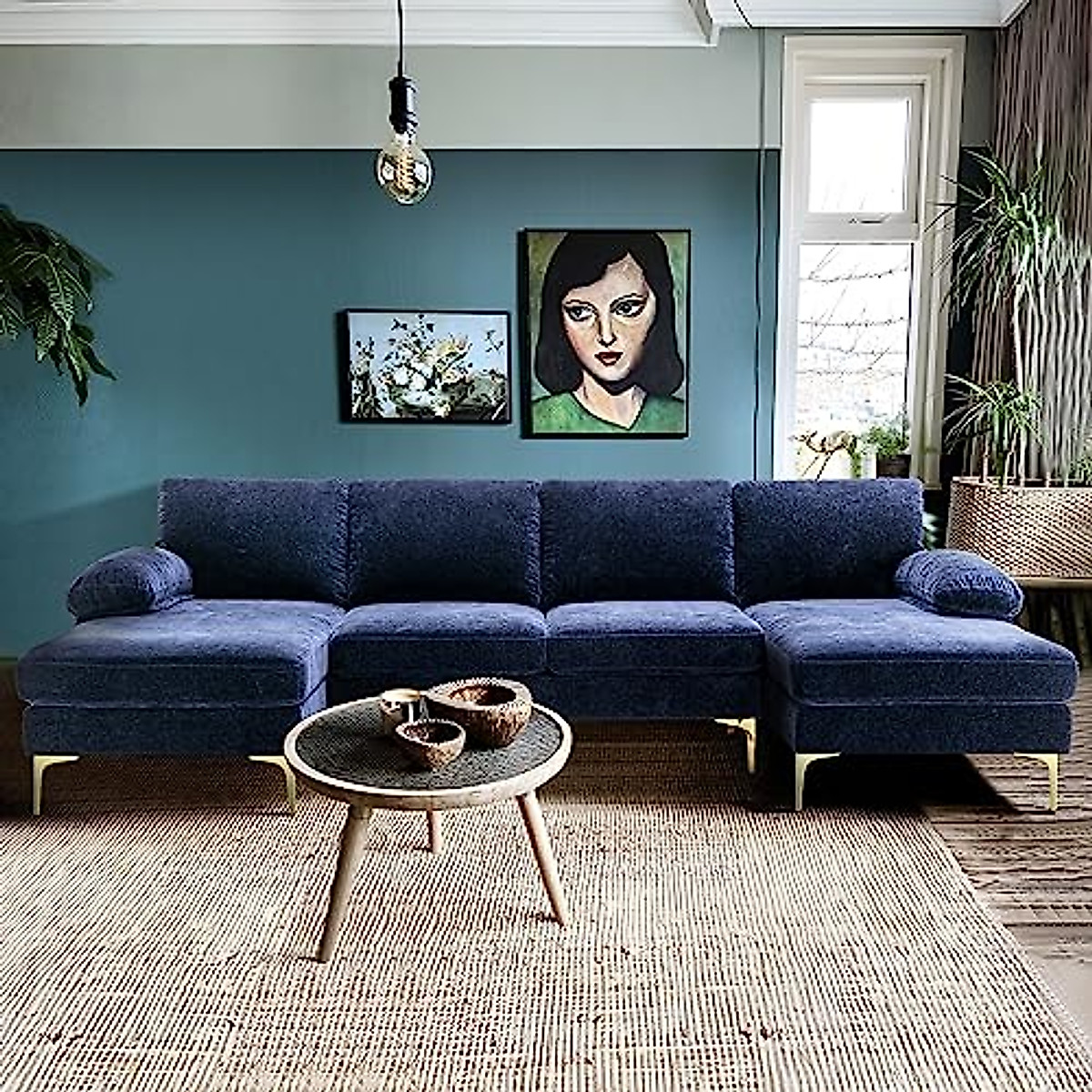 U-Shaped Sectional Sofa Comfy Couch for Living Room Set, 110 inches Wide Modern Large 4-Seat Couch Convertible Soft Velvet Couch Set with Double Chaise Lounge (Navy Blue, Chenille Fabric)