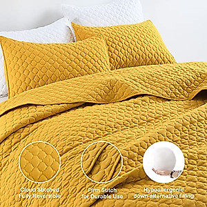 Yellow Quilt Queen Size, Lightweight Quilt for Summer Ultra-Soft Microfiber Modern Style Quilted Clouds Pattern Bedspread Quit Set 3 Pieces（(1 Quilt and 2 Pillow Shams)