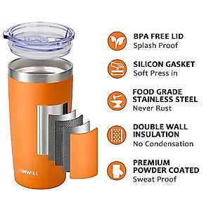 SUNWILL 20oz Tumbler with Lid, Stainless Steel Vacuum Insulated Double Wall Travel Tumbler, Durable Insulated Coffee Mug, Powder Coated Orange, Thermal Cup with Splash Proof Sliding Lid