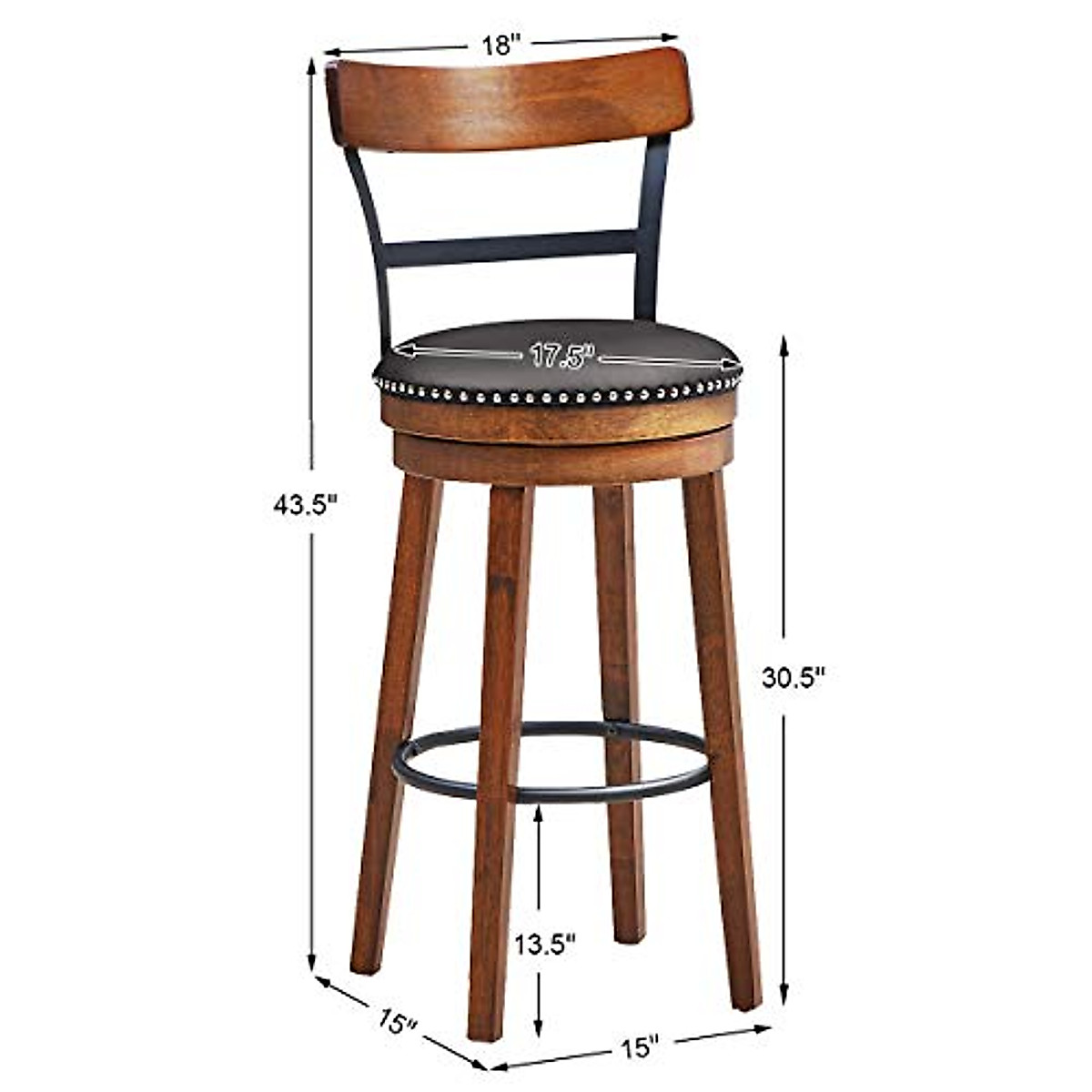 COSTWAY Bar Stools Set of 2, 360-Degree Swivel Stools with Leather Padded Seat, Single Slat Ladder Back & Solid Rubber Wood Legs, Bar Height Stools for Pub, Restaurant, Kitchen, Brown (2, 30.5)