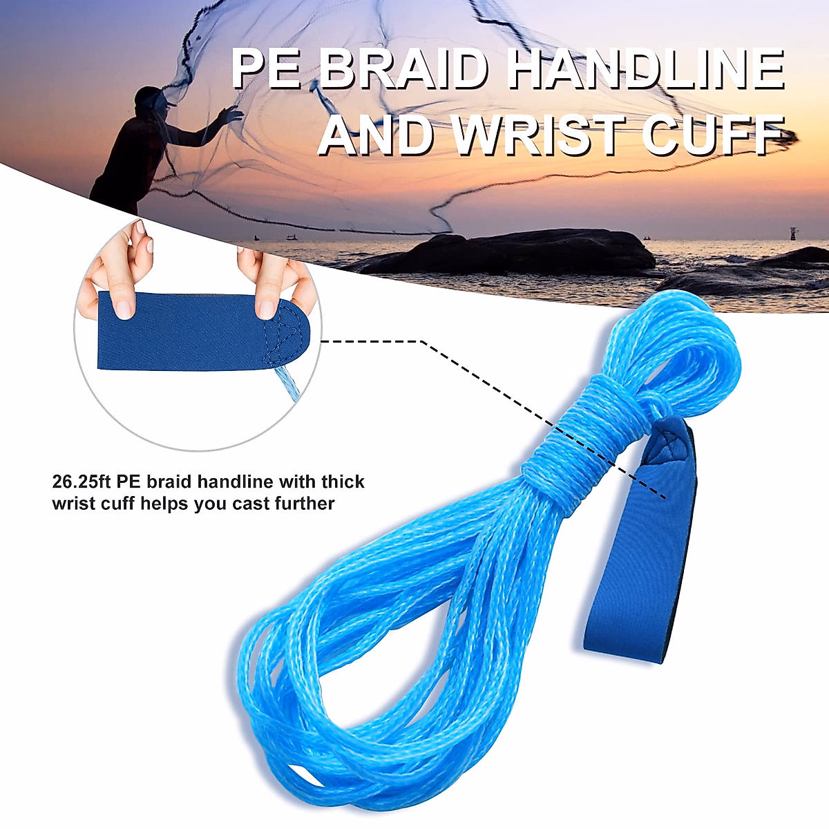 ReeMoo Cast Net, 3/8 Inch Mesh Size Throw Cast Net 6Ft Radius with Real Metal Sinker, Saltwater Freshwater Casting Net for Bait Trap Fish, Premium Monofilament Nylon Net