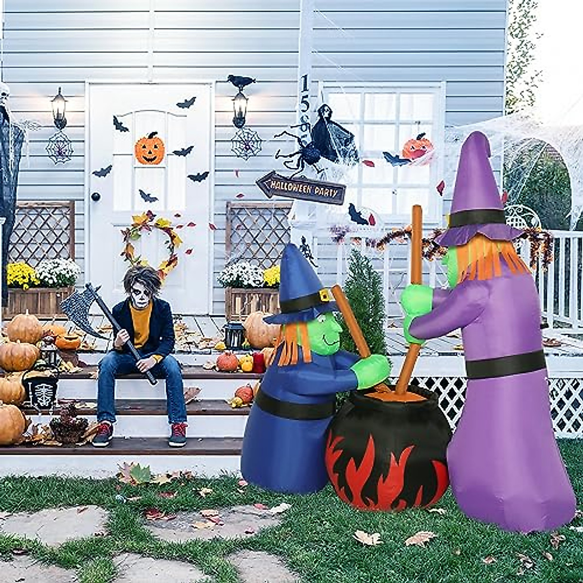 6 FT Long Halloween Inflatables Outdoor Decorations,Blow Up Two Witches with Pots Halloween Yard,Built-in LED Lights Décor for Holiday Party (6 FT,Two Witches with Pots)