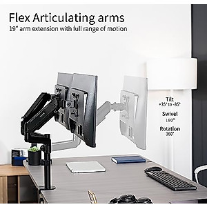 VIVO Dual Monitor Arm Mount for 17 to 32 inch Screens - Pneumatic Height Adjustment, Full Articulating Tilt, Swivel, Heavy Duty VESA Stand with Desk C-clamp and Grommet Option STAND-V002K