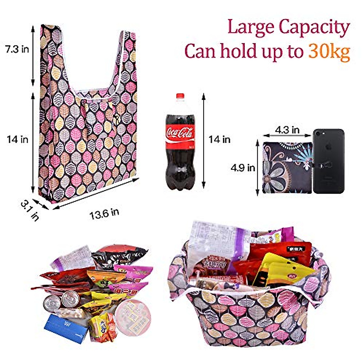 SZUAH Reusable Grocery Shopping Bags(10 Pack), Foldable Shopping Bags Grocery Tote with Attached Pouch,Machine Washable Eco-Friendly.