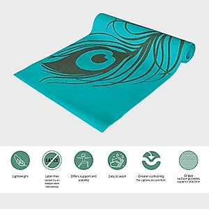 Wai Lana Yoga and Pilates Mat (Peacock Feather, Aqua)- 1/4 Inch Extra Thick Non-Slip Stylish, Latex-Free, Lightweight, Optimum Comfort
