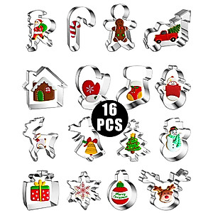 16 Pcs Christmas Cookie Cutters Winter Set with Decorating Instructions Stainless Steel Gingerbread Man Tree Snowflake Candy Cane Santa Snowman And More