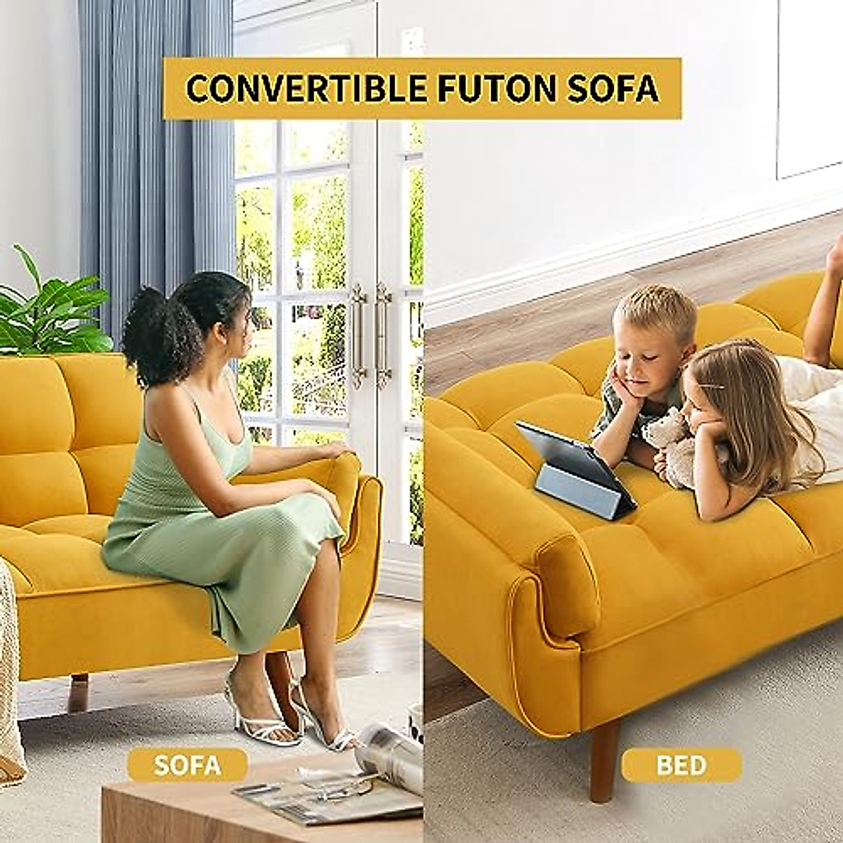 Homies Life Convertible Futon Sofa Bed, Linen Sleeper Couch, 75" W Modern 3 Seater Tufted Sofa with Adjustable Backrests and Soild Wood Legs for Living Room, Bedroom, Small Space, Yellow