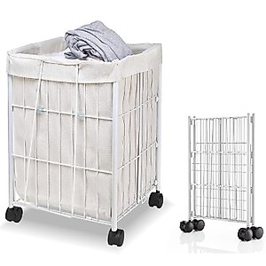 FIROK Rolling Laundry Basket with Wheels,Collapsible Laundry Hamper with Handle for Dorm, Bedroom, Laundry room, 45L Durable Metal Frame Space Saving Hamper with Removable Liner Bag(White)