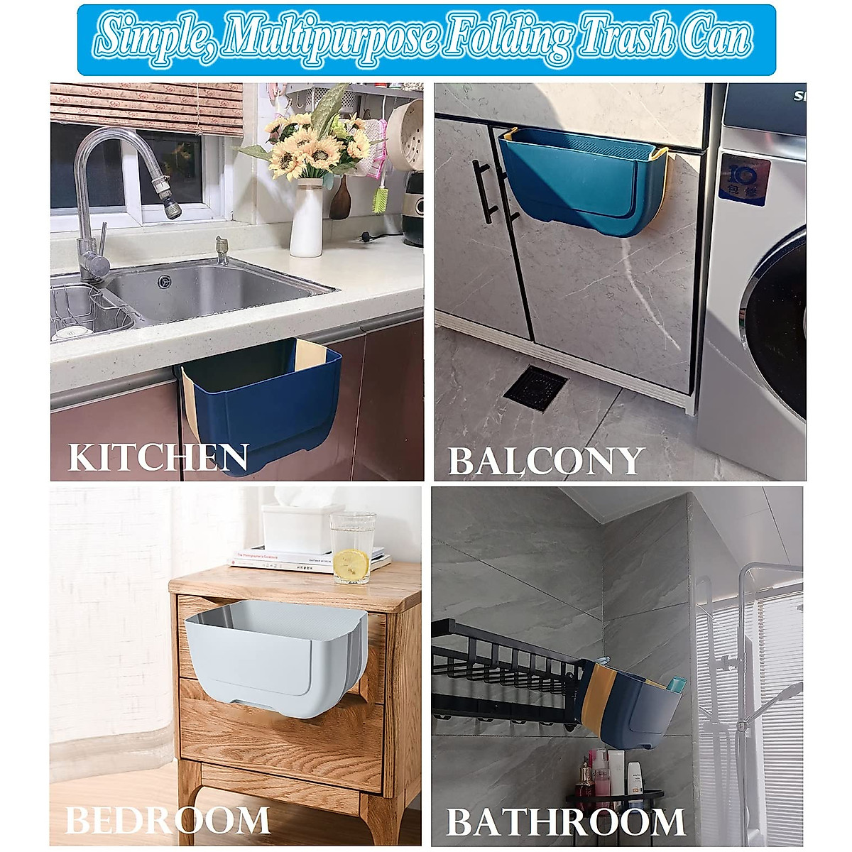 Hanging Kitchen Trash Can,Foldable Waste Bin for Kitchen,Hanging Folding Mini Trash Can for Kitchen Cabinet Door,Collapsible Hang Small Plastic Garbage Can for Cabinet/Car/Bedroom/Bathroom 3L(Blue)