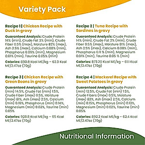 Almo Nature HQS Natural Variety Pack Grain Free, Additive Free Recipes - Chicken w/Duck (6); Tuna w/Sardines (6); Chicken w/Green Beans (6); Mackerel w/ Sweet Potatoes (6) Adult Cat Canned Wet Food