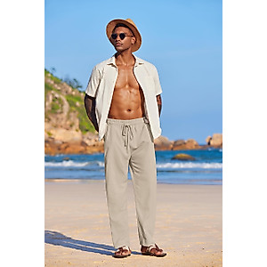 COOFANDY Men's Cotton Linen Baggy Pants Relaxed Fit Vacation Beach Trousers Khaki
