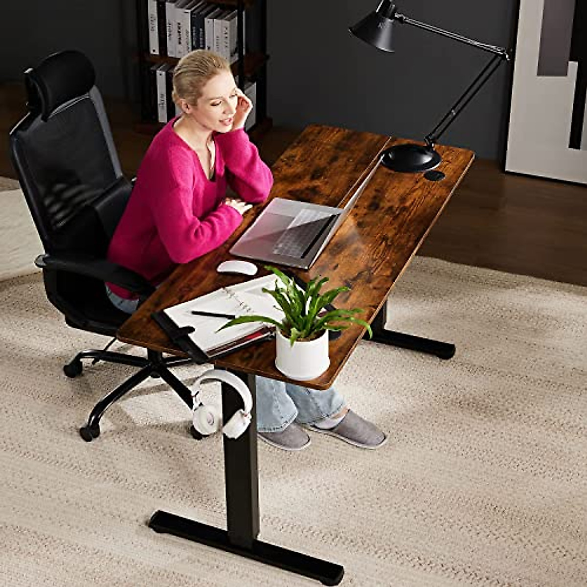 Standing Desk, 40 x 24 in Electric Height Adjustable Computer Desk Home Office Desks Sit Stand up Desk Computer Table with Memory Controller/Headphone Hook, Rustic Brown