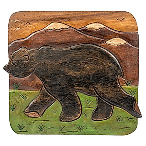 Bear in Mountains Design Hand Carved Acacia Hardwood Decorative Short Stool