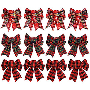 JOHOUSE Red Buffalo Plaid Bows 12PCS Christmas Tree Bows Christmas Wreath Bow for Christmas Outdoor Decorations