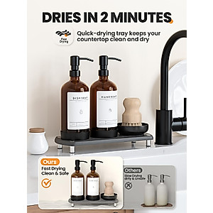 [Luxury] Kitchen Soap Dispenser Set - 16OZ Amber Glass Bottle, Stainless Steel Pump, Instant Dry Tray, Waterproof Labels, Non-Slip Silicone Pad, and Dish Brush | Upgrade for Your Kitchen and Bathroom