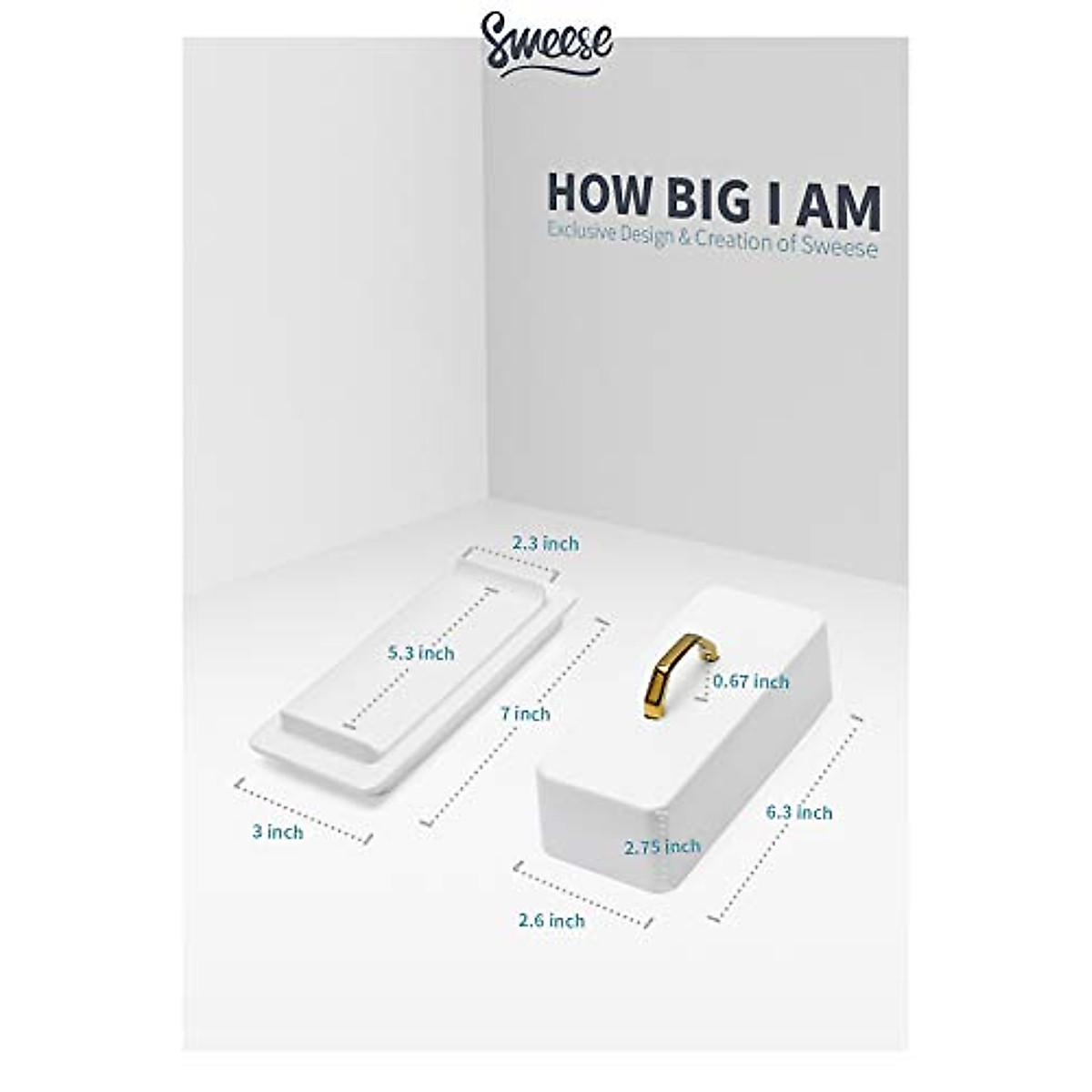 Sweese 327.101 Butter Dish with Lid for Countertop - Butter Dish with Gold Handle, Butter Dishes with Covers for 4oz East West Coast Butter - Dishwasher Safe, White