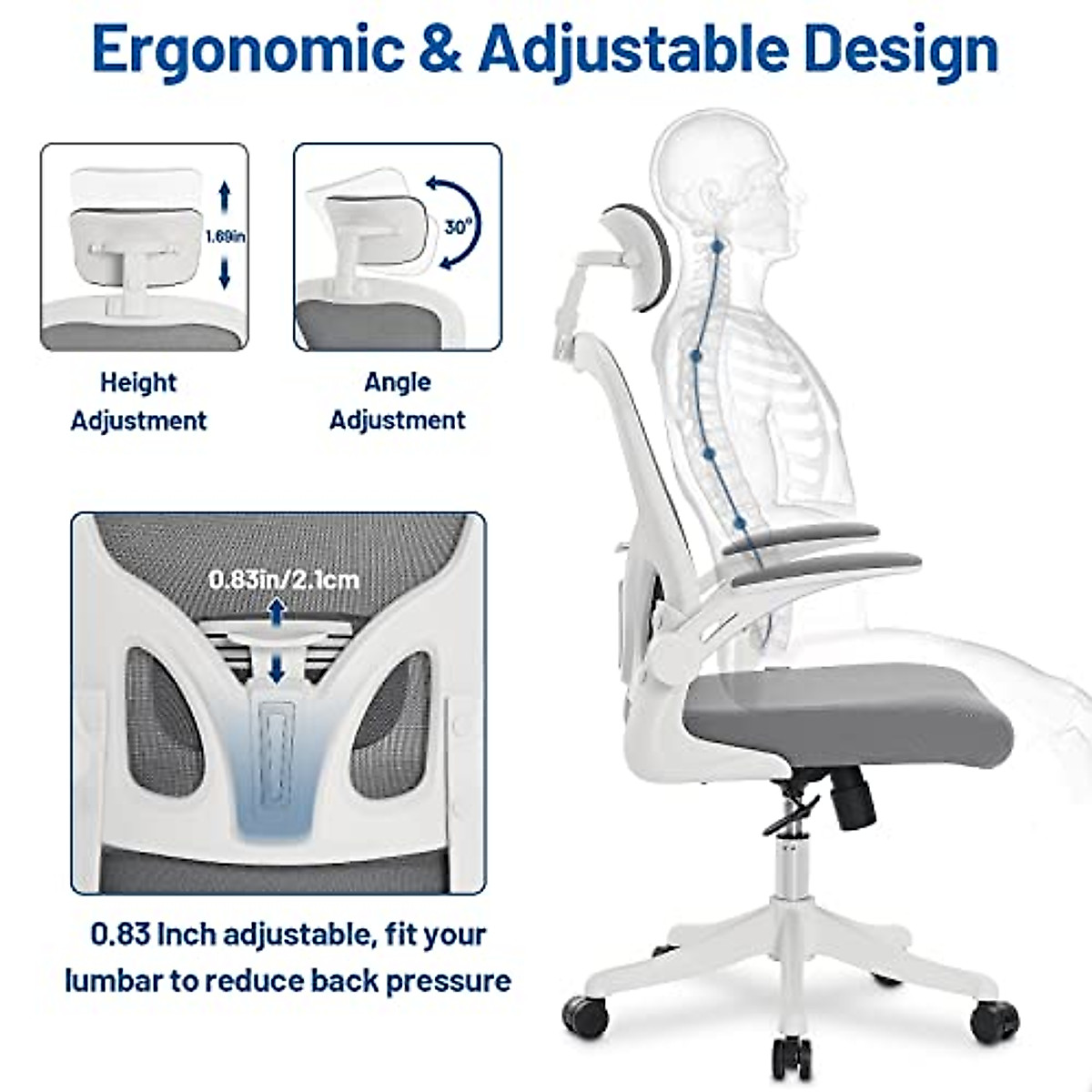 HOFFREE Ergonomic Office Chair High Back Executive Mesh Desk Chair with Adjustable Lumbar Support Headrest and Flip-up Armrest Swivel Task Chair for Home Office Chair Grey and White