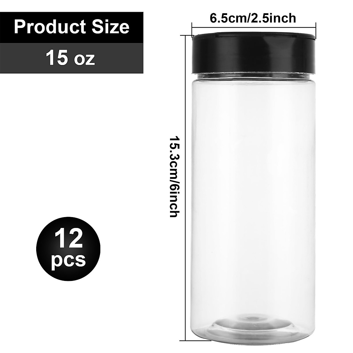 MUXHEL 12 Pcs 15 oz Plastic Spice Jars with Shaker Lids, Food-Grade Clear Seasoning Shaker Containers, Large Spice Containers for Spice, Powders and Herbs