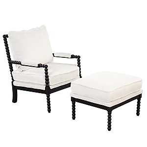 YISH SG000780ABK Modern Lounge Accent Velvet Single Sofa Chair with Ottoman and Armrests Pad, Upholstered Armchair for Living Room Bedroom Office, Black&White