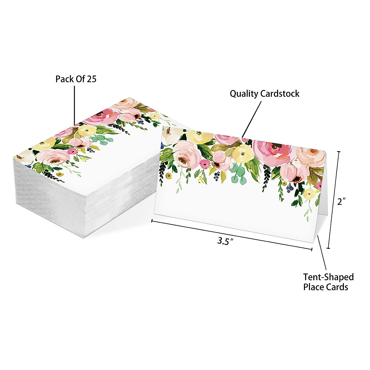 Table Place Card, Watercolor Floral Themed Tent Style Cards, Pack of 25 Half-Fold Reception Place Cards, Perfect for Wedding, Bridal & Baby Shower, Party, Birthday, Banquet and Special Events A39