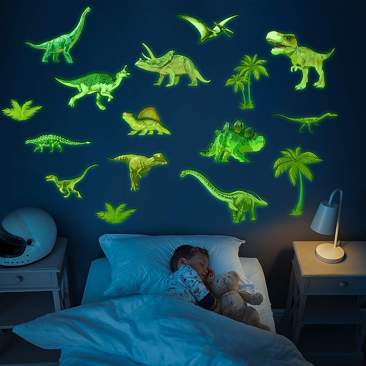 12 Pieces Glow in The Dark Dinosaur Wall Decals Dinosaur Glow Wall Stickers and 4 Pieces Coconut Trees Stickers for Kids Room Bedroom Living Room Classroom Home Decoration
