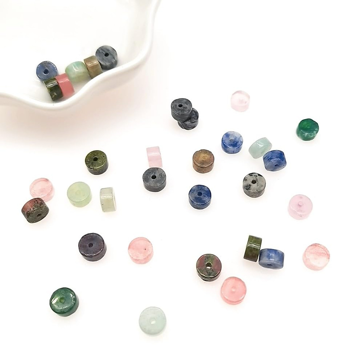 210PCS 3x6mm Natural Stone Beads Spacer for Jewelry Making,7 Colors Genuine Real Flat Round Loose Gemstone DIY for Bracelet Beading Making Kit (3x6mm,7 Color A)