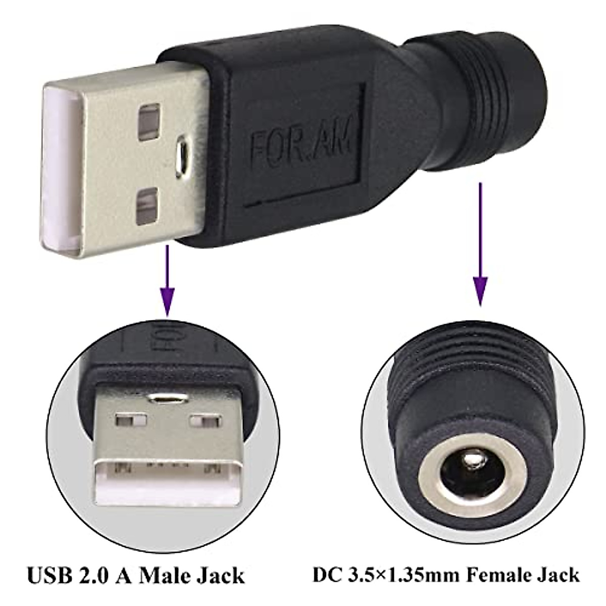 AAOTOKK (2 Pack) USB to DC 3.5×1.35mm Power Adapter 5 Volt USB 2.0 A Male to DC 3.5×1.35 mm Female Jack DC 5V Barrel Power Plug Charger Cord Connector for 5 V DC or USB Charging Device(M/F3.5×1.35)