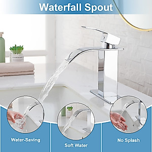 PHICHI Chrome Bathroom Faucet Waterfall Single Handle 1 or 3 Hole Faucet, Commercial Modern Lavatory Tap with Pop-up Drain and Deck Plate