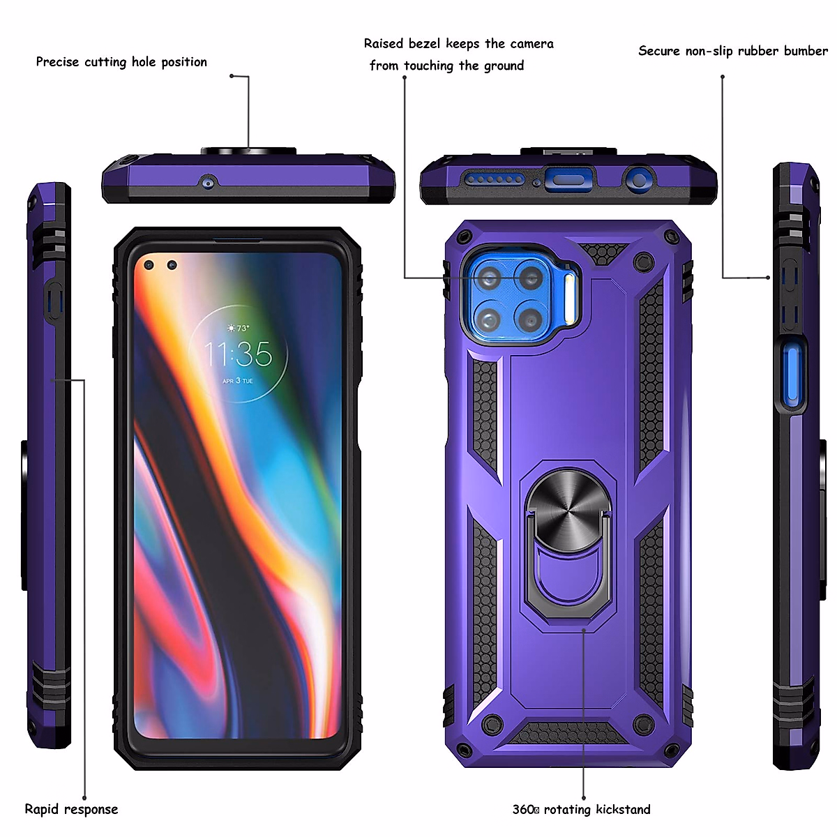 Androgate Compatible with Moto One 5G Case, Motorola One 5G UW Case, with Tempered Glass Screen Protectors, Military-Grade Metal Ring Kickstand 19ft Drop Tested Shockproof Cover Case, Purple