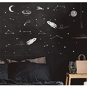 UILMNIY The Outer Sapce Spaceship Rocket Wall Decor Sticker for Kids Room Art Constellation Stars Moon Space Wall Decal for Nursery Room Bedroom Decor Mural AFN127 (White)