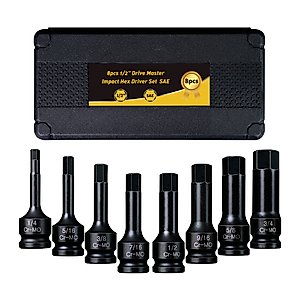 PGROUP 8 PCS 1/2 Inch Drive Allen Impact Socket Set, SAE Hex Socket 1/4" to 3/4", Master Impact Grade Cr-Mo Steel with Heavy Duty Storage Case