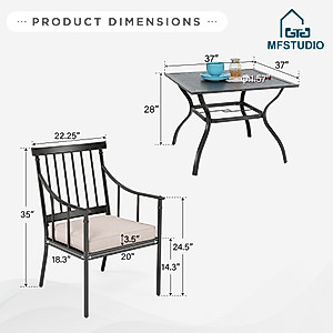 MFSTUDIO 5 Pieces Metal Patio Dining Set, Outdoor Furniture Set with 1 x Square Metal Table and 4 x High-Back Arm Chairs with Cushion (Black)