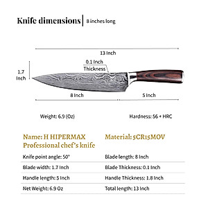 HIPERMAX Damascus 8 inch professional and household chef's knife made of sharpened stainless steel with high carbon content and ergonomic pakka wood handle for cutting food, luxury gift case