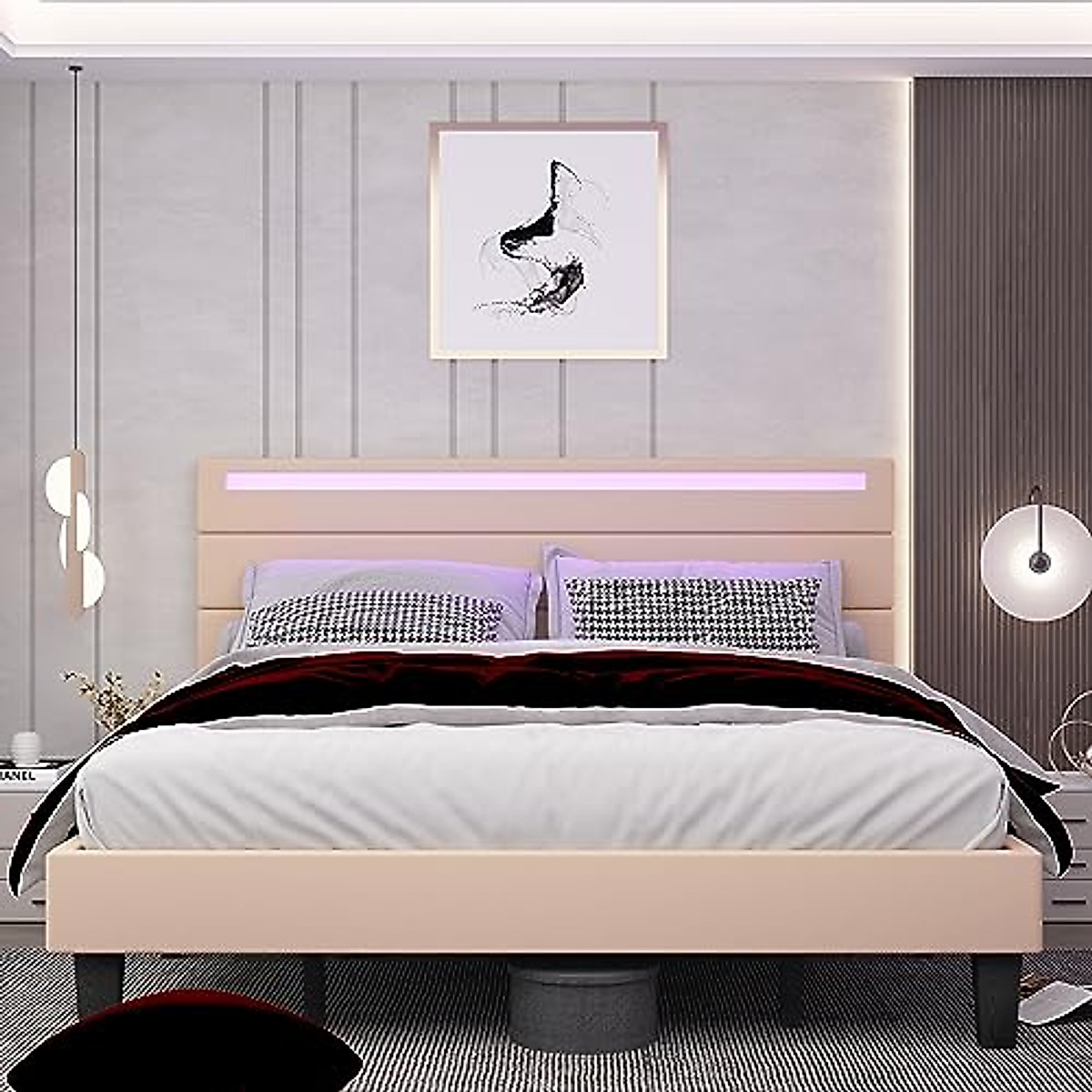 Kallabe Bed Frame Full Size with Headboard, Upholstered Platform Bed Frame Queen with LED Lights and USB Ports, Linen Fabric Beds with Wooden Slats, No Box Spring Needed, Beige
