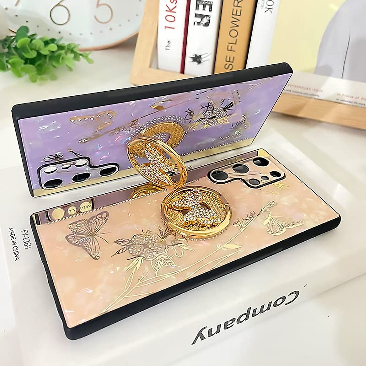 Topwin Galaxy S22 Ultra Kickstand Case, Cute Marble Conch Shell Floral Butterfly with Ring Stand Elegant Shockproof Protective Cover for Girls Women for Samsung Galaxy S22 Ultra (Rose Gold)