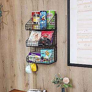 X-cosrack 3 Tier Stackable Tea Bag Organizer Large Size with 5 Hooks Metal Wire Basket Coffee Snack Rack Holder Countertop Caddy Bin Wall Mount Shelf for Office Kitchen Cabinet Pantry Patent Desgin, 11.8x7.8x22 inch