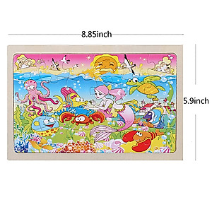 24 Pieces Wooden Puzzles for Kids Ages 3-8 Preschool Educational Learning Animal-Marine World Jigsaw Toy for Boy and Girl Gift (4 Puzzles)