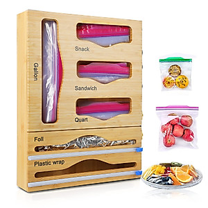 Foil and Plastic Wrap Organizer with Ziplock Bag Organizer - Evdekoru 6 in 1 Bamboo Aluminum Foil Dispenser with Cutter for Kitchen Drawer, Plastic Food Bag Organizer for Gallon,Quart,Sandwich