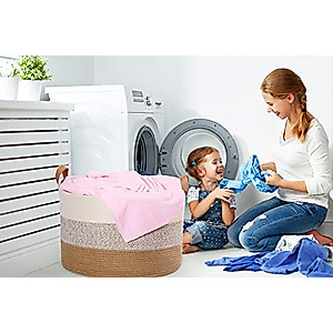 Decospark XXXL Cotton Rope Basket for Toy and Blanket Storage| 21.7" x 13.8" | Soft Long Handles | Decorative Home Organizer Ideal for Living Room, Baby Clothes and Laundry (Camel Grey and Cream)