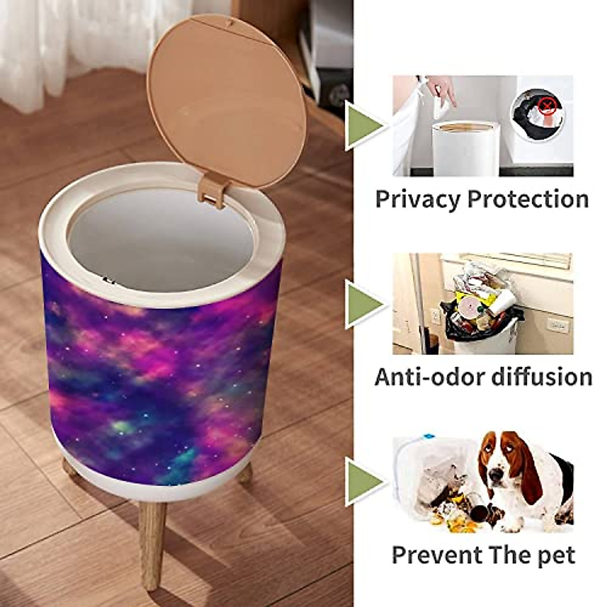 Small Trash Can with Lid Space seamless Universe repeat bright marble abstract liquid texture Garbage Bin Wood Waste Bin Press Cover Round Wastebasket for Bathroom Bedroom Diaper Office Kitchen