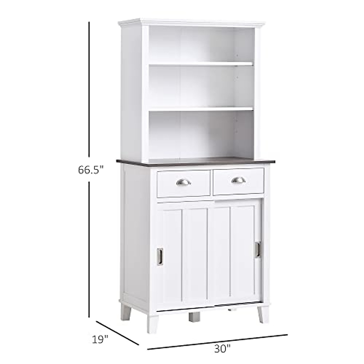 HOMCOM 67" Freestanding Buffet with Hutch, Kitchen Pantry Storage Cabinet with Sliding Doors, Drawers and Open Shelves, Adjustable Shelving, White