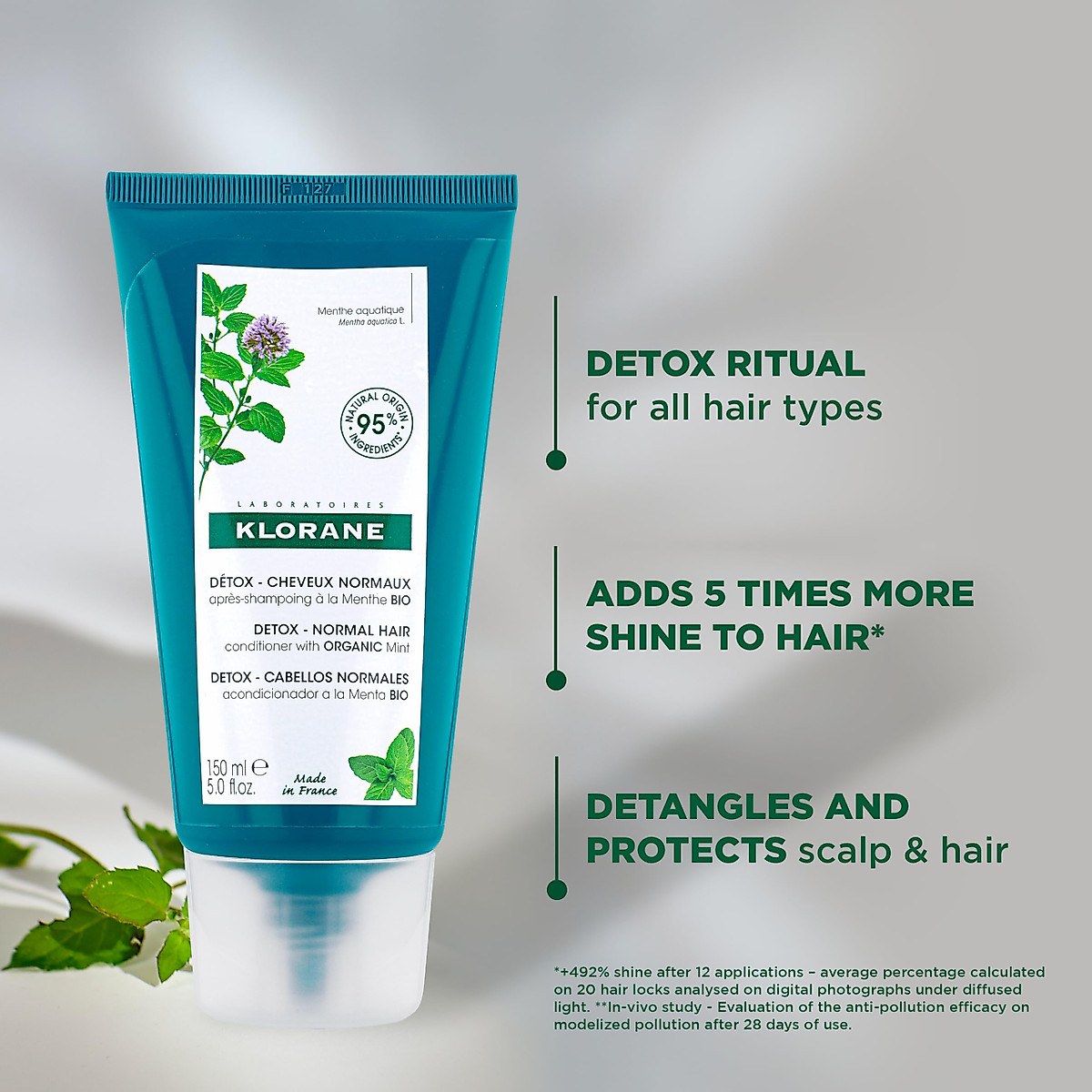 Klorane - Protective Conditioner with Aquatic Mint for Dull, Pollution Exposed Hair - Detoxifies, Protects, and Invigorates Hair - Visibly Increases Shine - Silicone Free - 5 fl. oz.