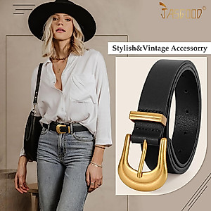 JASGOOD Women's Western Belt Vintage Black Leather Waist Belt for Pants Jeans with Gold Buckle