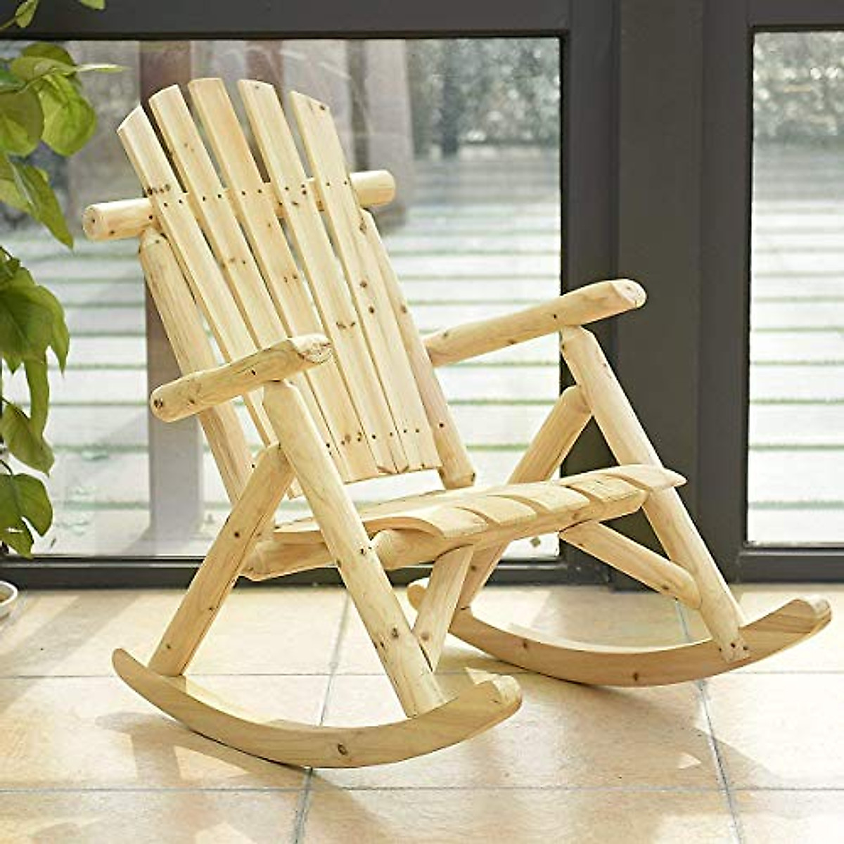 Casart Log Rocking Chair Wood Porch Rocker Lounge Patio Deck Balcony Furniture Rustic Single Rocker Natural