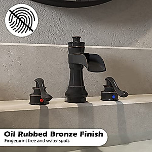 BWE Waterfall Widespread Bathroom Faucet 3 Hole Oil Rubbed Bronze Farmhouse 8 Inch Pop Up Drain Stopper Assembly Overflow Supply Line Lead-Free Faucets Parts Two Handle Bath Vanity Lavatory Sink